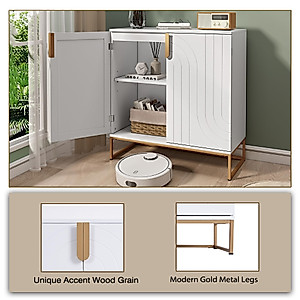 HLR Accent Wood Grain Cabinet with 2 Doors, Storage Cabinet Sideboard with Gold Metal Legs for Living Room,Entryway and Kitchen Dining Room, White