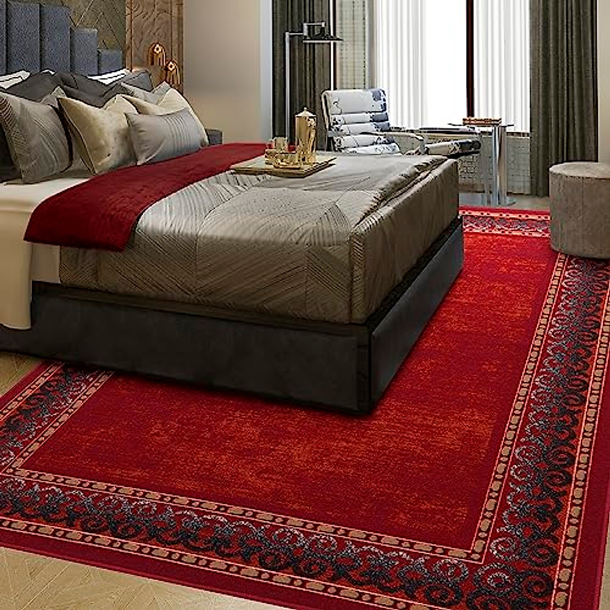 Antep Rugs Alfombras Bordered Modern 5x7 Non-Slip (Non-Skid) Low Pile Rubber Backing Indoor Area Rug (Maroon Red, 5' x 7')