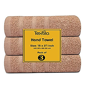 Textila Cotton Hand Towels - Pack of 3 - Beige Color - 16x27 Inches - Soft and Absorbent Towels for Bathroom, Kitchen, and Gym.