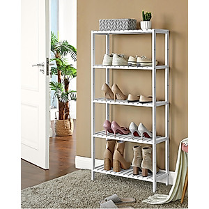 SONGMICS Bamboo Storage Shelf, 5-Tier Shelving Unit, Multifunctional, in The Entryway, Bathroom, Living Room, Balcony, Kitchen, 10.2 x 23.6 x 51.2 Inches, White UBCB35WT