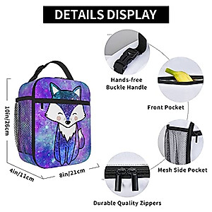 FREE LION Cute Fox Insulated Lunch Bag Blue Purple Pink Galaxy Lunch Box Reusable Lunch Tote Bento for Office Work School Picnic Beach, Leakproof Freezable Cooler Bag for Men Women Teens Kids