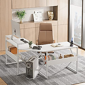 Tribesigns L Shaped Desk with Storage Shelves, 63 inch Industrial Corner Computer Desk with Monitor Stand, Study Writing Table Workstation for Home Office, White
