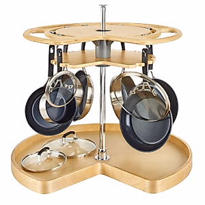 Wood Kidney Shape Swiveling Lazy Susan Hooks Pots and Pans Organizer with 7 Metal for Corner Base Cabinet (28" Diameter)