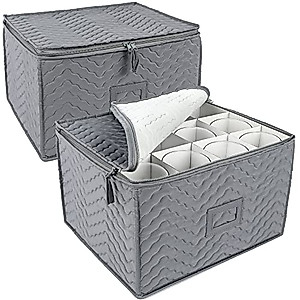 LotFancy Stemware Storage Containers, 2-Pack, Deluxe Quilted Storage Case with Dividers for 24 - Wine Glasses, Champagne Flutes, Glassware, Drinkware Storage Box Chest, 15.5”x12.5”x 10”, Gray