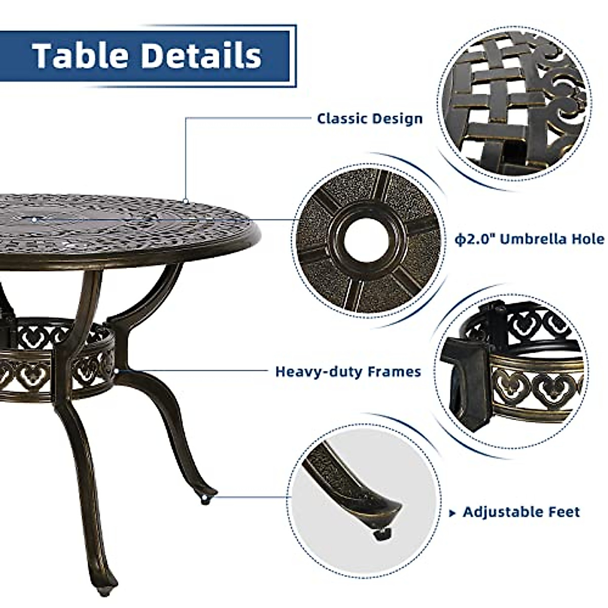 ONLYEAH 5 Pieces Outdoor Furniture Dining Set, All-Weather Cast Aluminum Round Patio Table with Umbrella Hole and 4 Cushioned Dining Chairs for Patio Garden Deck, Retro Pattern Design