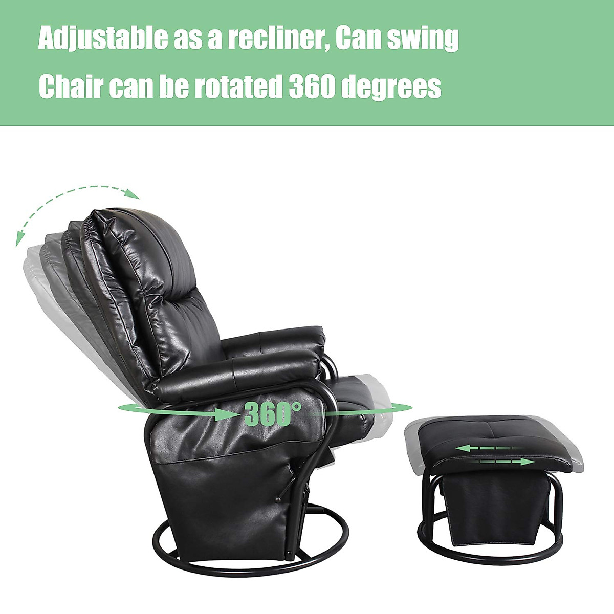 JIASTING Recliner Chair with Ottoman Living Room Chairs Faux Leather Glider Chair 360 Degree Rotation Leisure and Relaxation Furniture (Black)