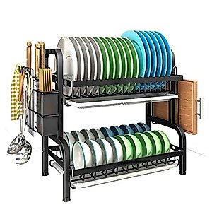 2 Tier Kitchen Dish Drain Rack, Anti Rust Carbon Steel Countertop Organizer, with Utensil & Board Holder & Chopstick Holder