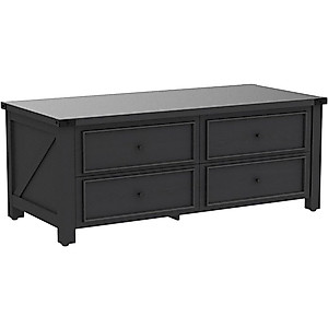 JXQTLINGMU 48” Farmhouse Coffee Table with 4 Large Storage Drawers, Modern Center Table with Barn Door for Living Room, Office, Rustic Rectangle Cocktail Table（Black）