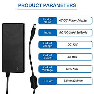 OPBYWE 12V 5A 60W Power Supply Adapter AC DC Converter 100V~240V to 12 Volt 5 Amp Transformer 5.5x2.1mm Plug for Christmas Tree LED Light Strips CCTV Security System LCD Monitor