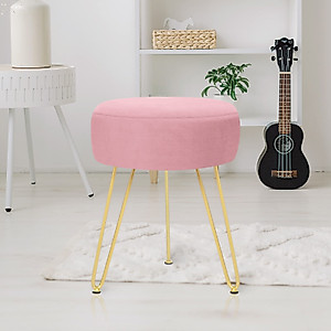 YOONIC Velvet Soft Modern Vanity Stool -Round Footrest Stool Ottoman Side Table Seat Dressing with Golden Metal Leg and Sponge Filling,Upholstered Foot Rest, for Living Room and Bedroom Pink