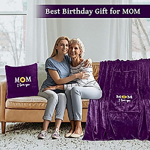 Birthday Gifts for Mom, Mom Birthday Gifts, Mother's Day Mom Gifts from Daughter, Valentines Day Gifts for Mom, Pillow Blanket 2 in 1, I Love You Mom Soft Sunflower Pillow Blanket 80"x60" (Purple)