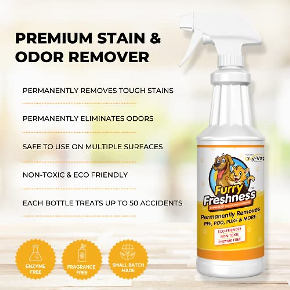 FurryFreshness Extra Strength Cat or Dog Pee Stain & Permanent Odor Remover + Smell Eliminator -Removes Stains from Pets & Kids Including Urine or Blood- Lifts Old Carpet Stains- 32oz Spray