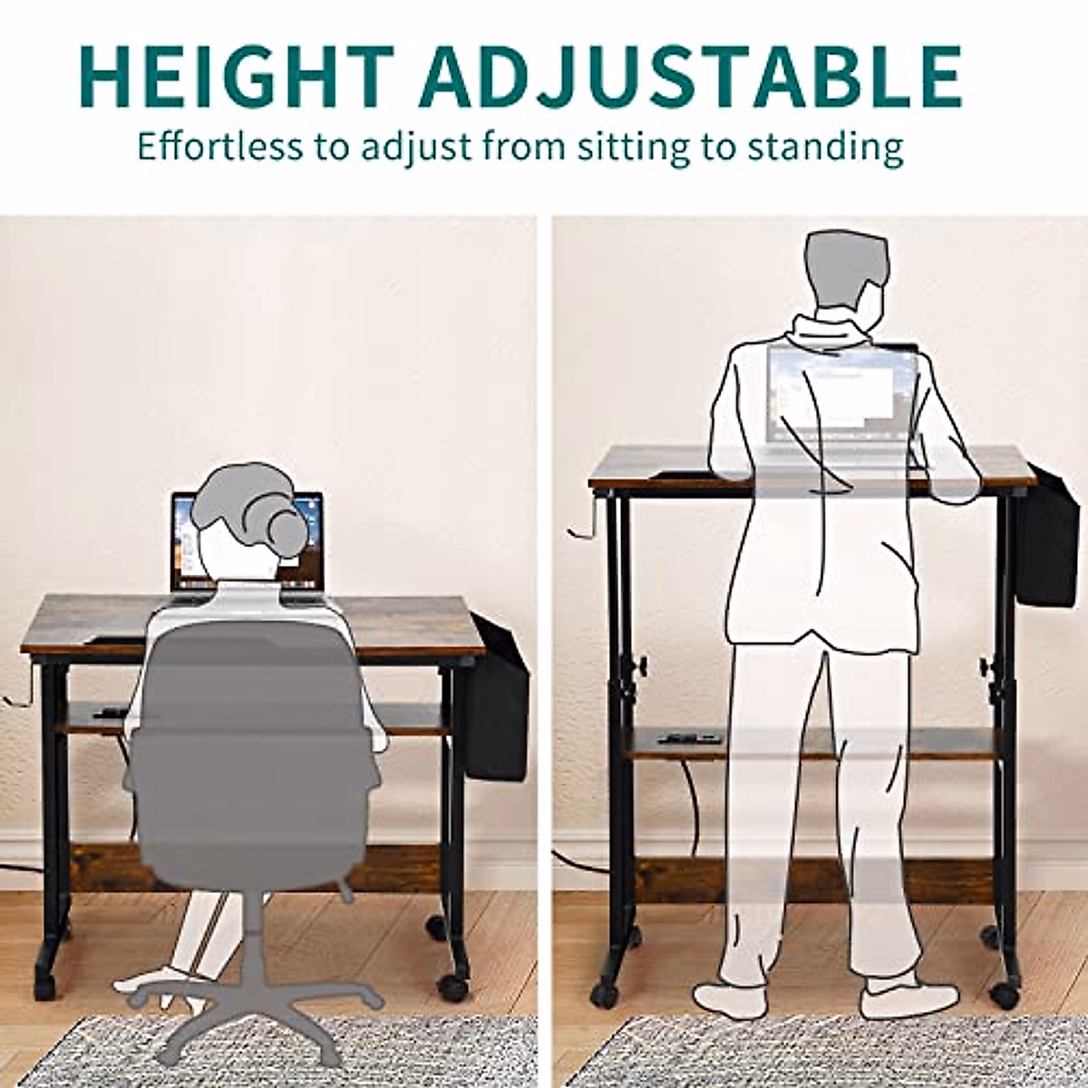 YITAHOME Height Adjustable Table with Charging Station, Portable Desk with Wheels, Small Standing Rolling Computer Desk with Tiltable Tabletop and Storage Bag, Brown