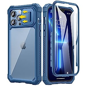 Caka for iPhone 13 Pro Max Case, iPhone 12 Pro Max Phone Case with Screen Protector & Slide Camera Cover Heavy Duty Protection Shockproof Phone Case Cover for iPhone 13 Pro Max 12 Pro Max, Blue