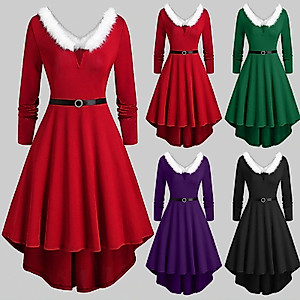 Christmas Dress Party Dress Clubwear Furry V Neck Swing Dress Print Long Sleeve Dresses Slim Waist Dress Gown Women Christmas Dress Green New Years Eve Dress Plus Size Christmas Party Dress