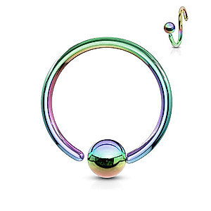 Amelia Fashion 18 Gauge Never Lose a Ball Again! One Side Fixed Ball Ring Annealed 316L Surgical Steel (Choose Color) (Rainbow)