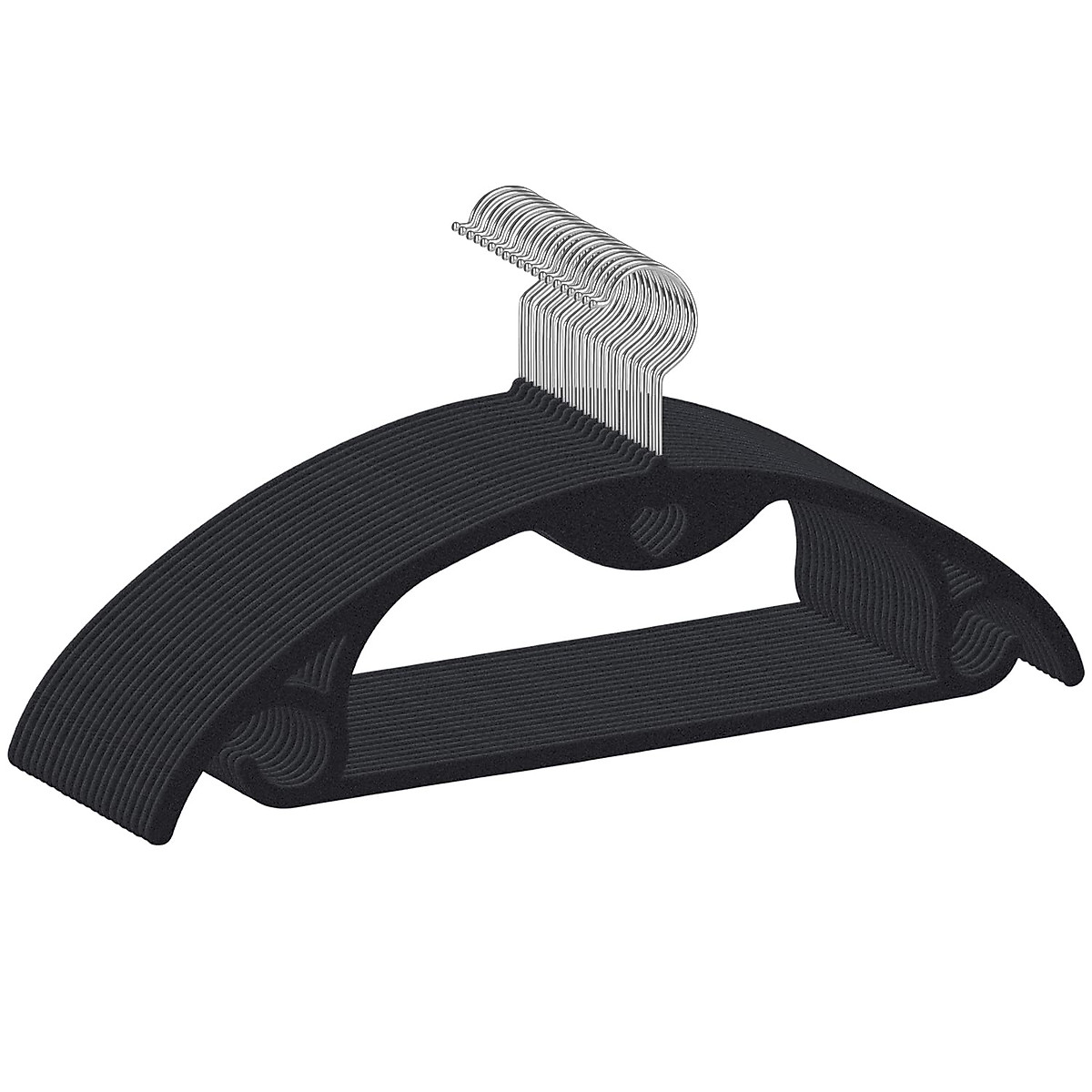 IEOKE Velvet Hangers, 50-Pack No Shoulder Bumps Suit Hangers Ultra Thin Space Saving 360 Degree Swivel Heavy Duty Hook Durable Hangers for Sweaters Coat Jackets Shirts Dresses (50 Pack, Black/Silver)