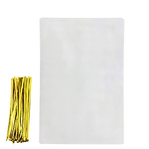 Mini Skater 8" x 12" Clear Treat Bags OPP Cello Cellophane Flat Bag With 50Pcs Gold Color Twist Ties For Wedding Gift Candy Cookie Bakery Bread Dessert, 50Pcs
