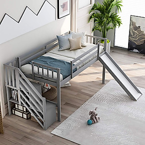 Low Loft Bed with Stairs for Kids and Toddlers Wood Loft Bed Frame with Slide Twin Loft Beds with Stairway Storage for Boys Girls, Gray
