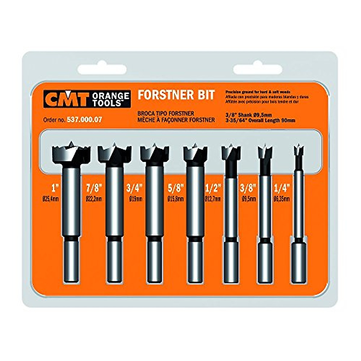 CMT 537.000.07 7-Piece Forstner Bit set, 1/4-3/8-1/2-5/8-3/4-7/8-1 Diameters, 3/8-Inch Shank
