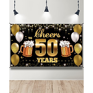 HTDZZI Cheers to 50 Years Backdrop Banner Black Gold, Happy 50th Birthday Decorations for Men Women, Fabric 50 Year Old Birthday Party Yard Sign, 50th Wedding Anniversary