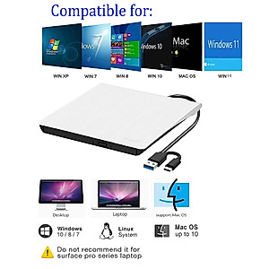 Mougerk External DVD Drive, Portable Type-C USB 3.0 DVD CD Drive Player DVD/CD +/-RW ROM Reader Rewriter Burner for Laptop MacBook Pro Desktops (White)