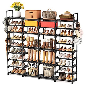 ROJASOP Large Shoe Rack Organizer for Entryway Closet 64-68 pairs 9-Tier Heavy Duty Tall Garage Shoe Rack Shoe Shelf Shoes Storage with 18 Pcs Removable Side Hooks for Bedroom and Garage Black