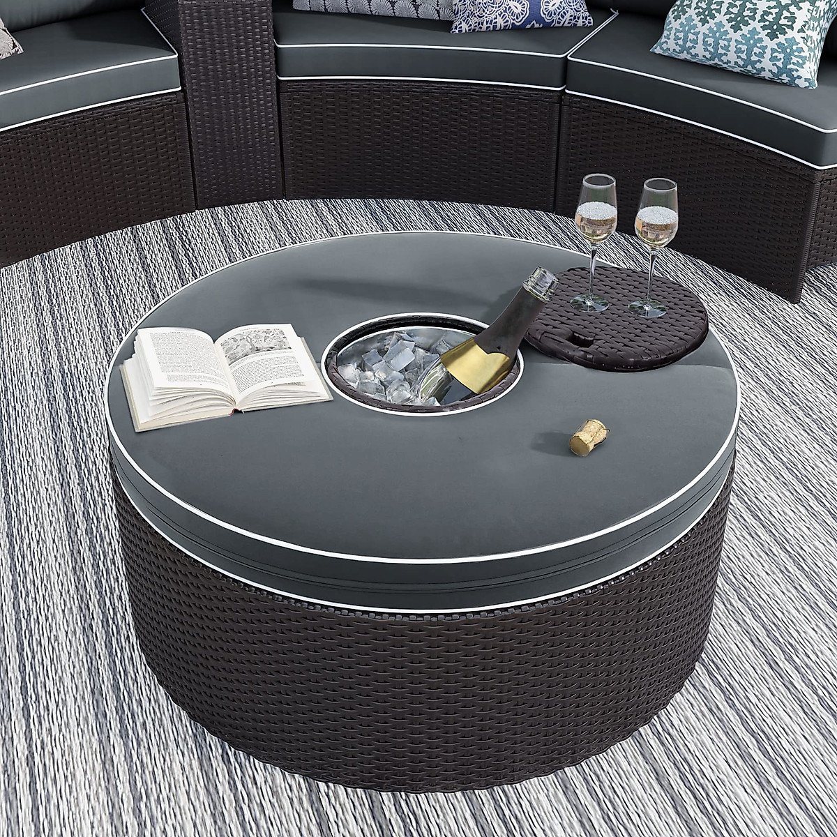 Merax Outdoor Sectional Half Patio Rattan PE Wicker Conversation Sofa Set, Storage Side Umbrella and One Multifunctional Round Table, Brown+ Gray