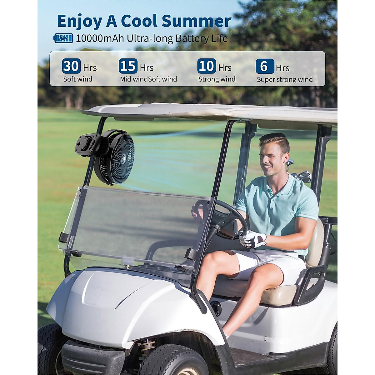 JOJOZOO 10000mAh Rechargeable Portable Fan, 8 inch Battery Operated Fan, Clip on Fan with 4 speed & 30 Hours Work Time, USB Car Fan, Sturdy Clamp for home Golf Cart Stroller Camping Outdoor Travel