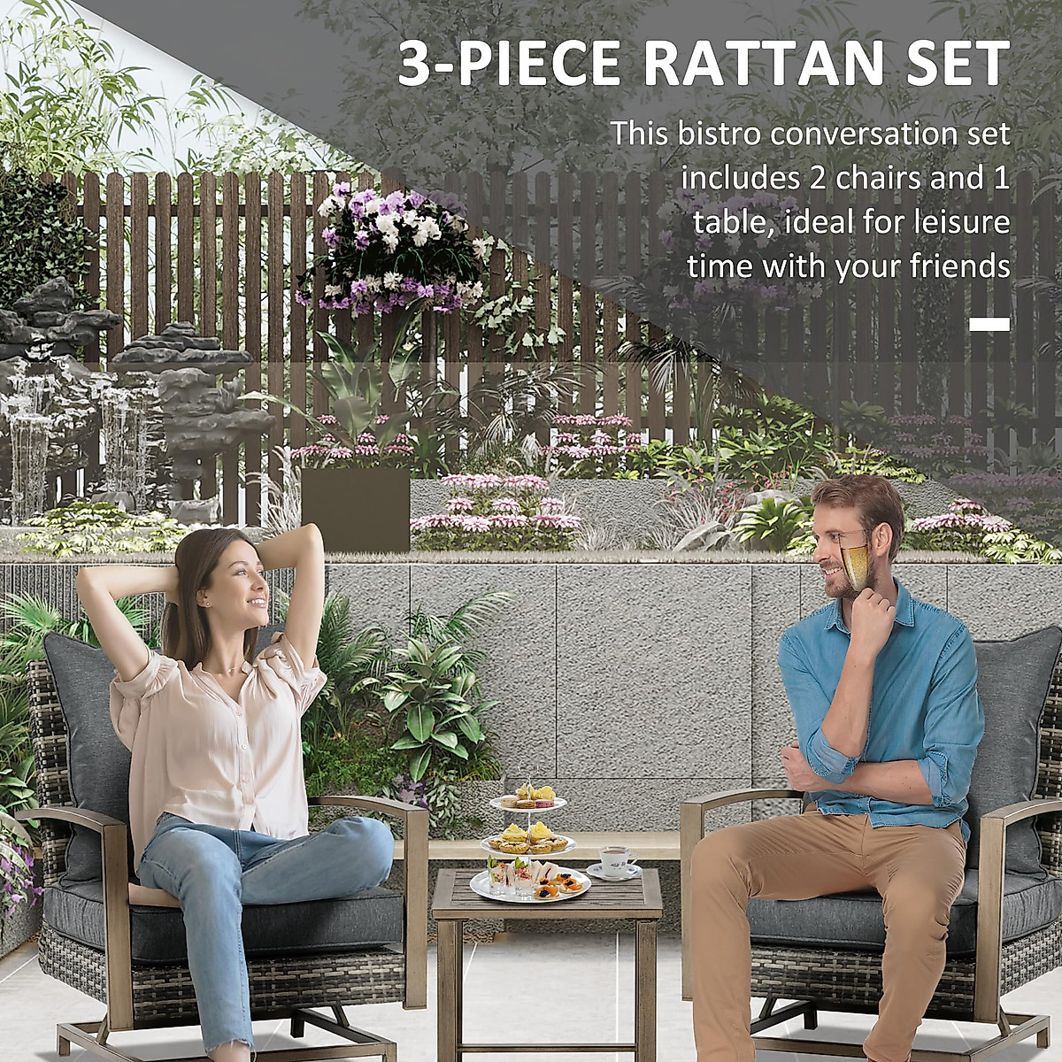 Outsunny 3-Piece Patio Wicker Bistro Set with Cushions, Aluminum Frame Outdoor PE Rattan Conversation Furniture with 2 Rocking Chairs, Slat Top Coffee Table for Porch, Backyard, Garden, Dark Gray