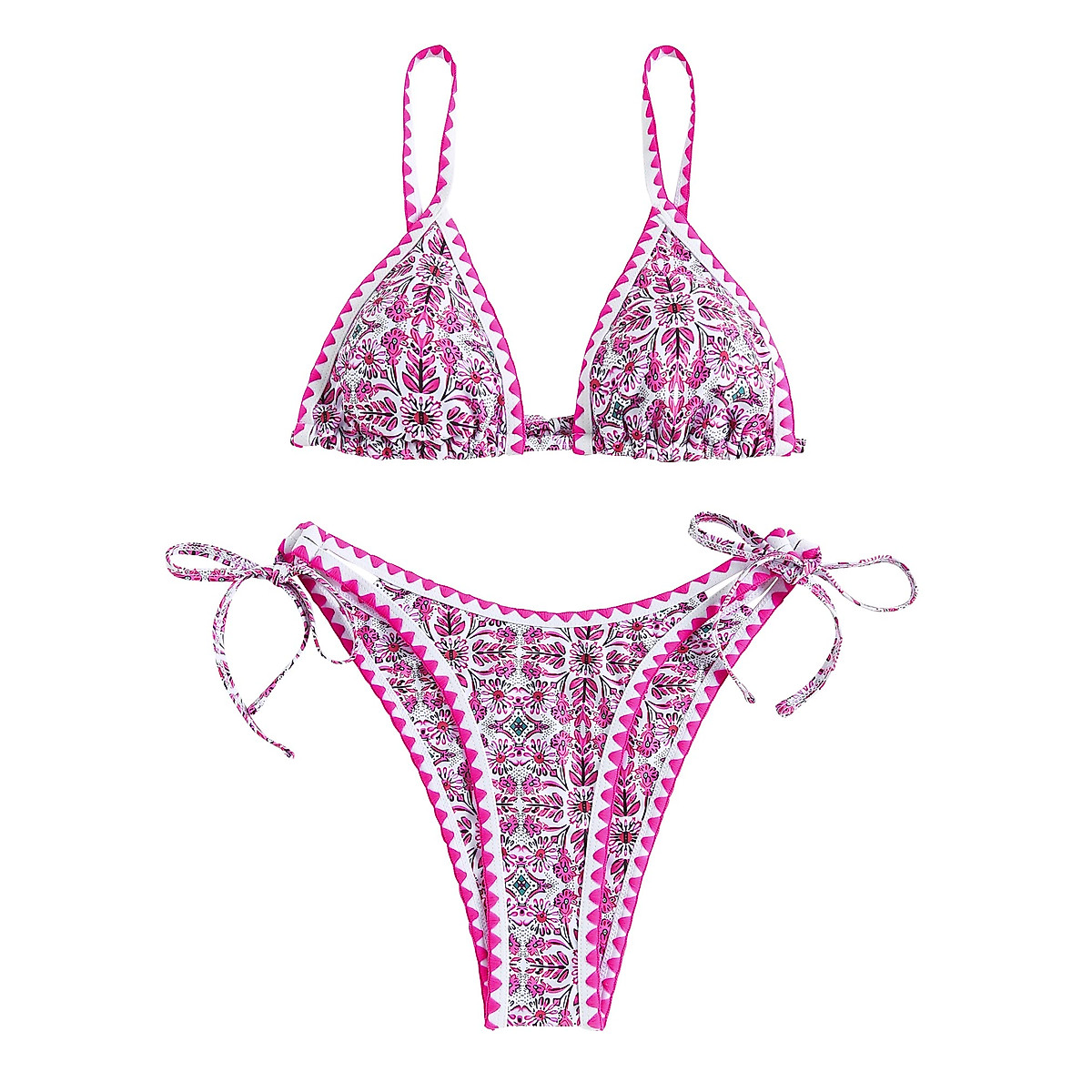 ZAFUL Women's Swimsuits Boho Floral Print Triangle String Thong Bikini Set Sexy High Cut Swimwear Bathing Suit Pink