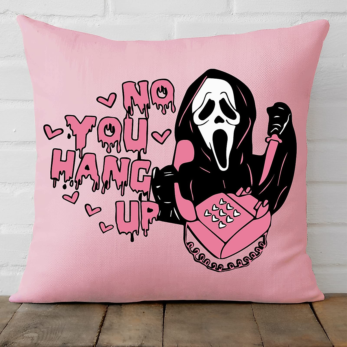 PreLiving 18x18 Inch Pink Throw Pillow Cover - 'No You Hang Up' Funny Horror Ghost Design, Romantic Halloween Day Decor, Soft Pillowcase for Sofa, Bedroom, Car, Birthday Party Supplies