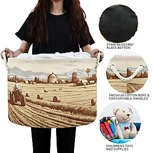 Msyxl Large Blanket Basket 20"x20"x14" with Cotton Rope Handles - Waterproof Lining Toy & Blanket Storage for Living Room, Collapsible Farmer with Bales Laundry Storage Basket