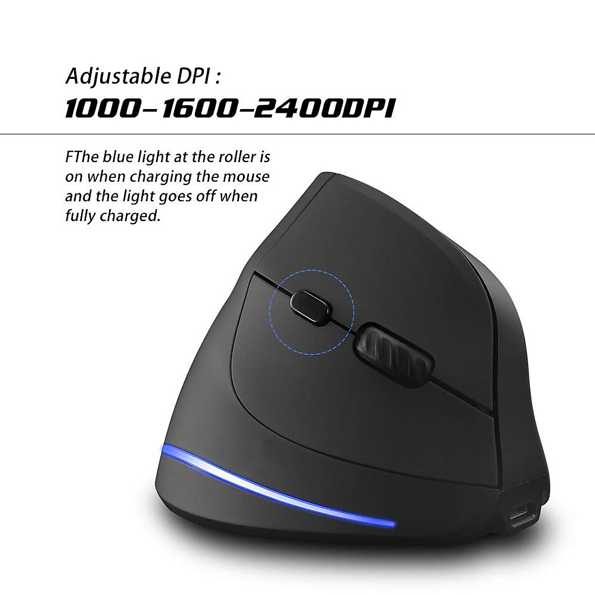 Attoe Vertical Mouse Wireless, Right Handed 2.4GHz Wireless Ergonomic Rechargeable Vertical Mouse with 3 Adjustable DPI 1000/1600/2400, 6 Buttons,Compatible with PC, Desktop,Mac (Black)
