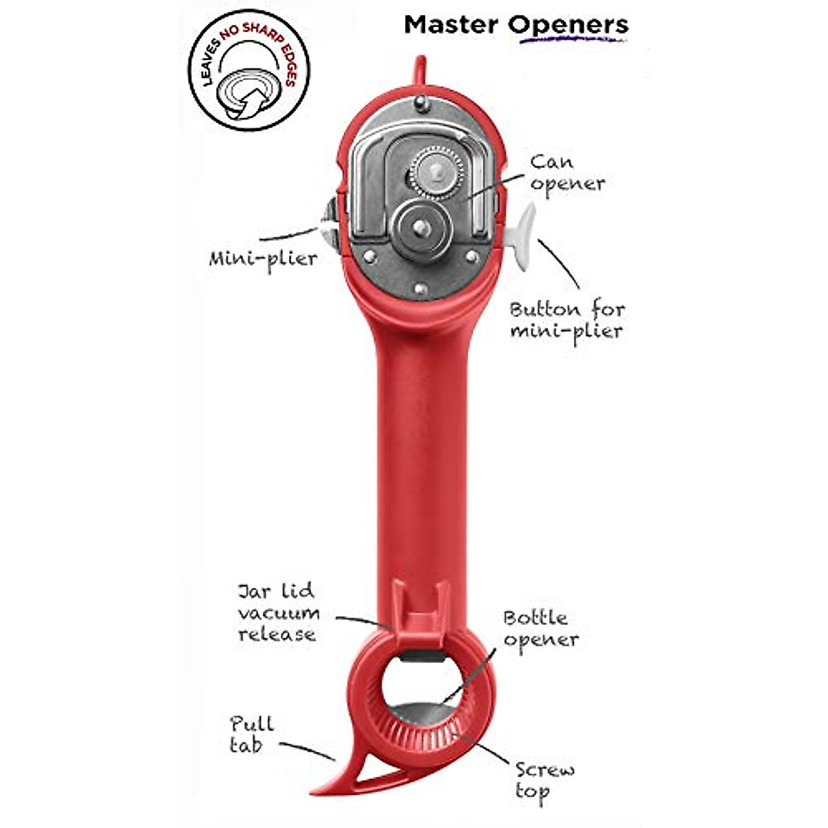 Kuhn Rikon Auto Safety Master Opener for Cans, Bottles and Jars, 9 x 2.75 inches, Red