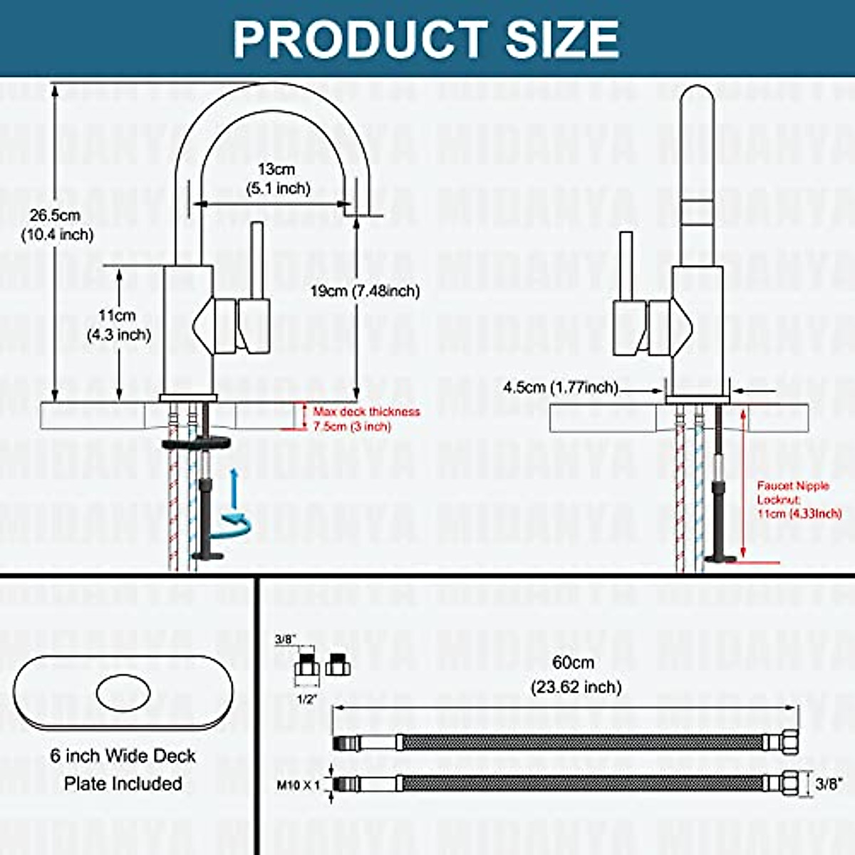 Midanya Matte Black Bar Sink Faucet for Bathroom Kitchen Small RV Campers Farmhouse Vanity Lavatory Faucet Single Handle Utility Marine Outdoor Faucet with Cover Plate, Water Supply Lines