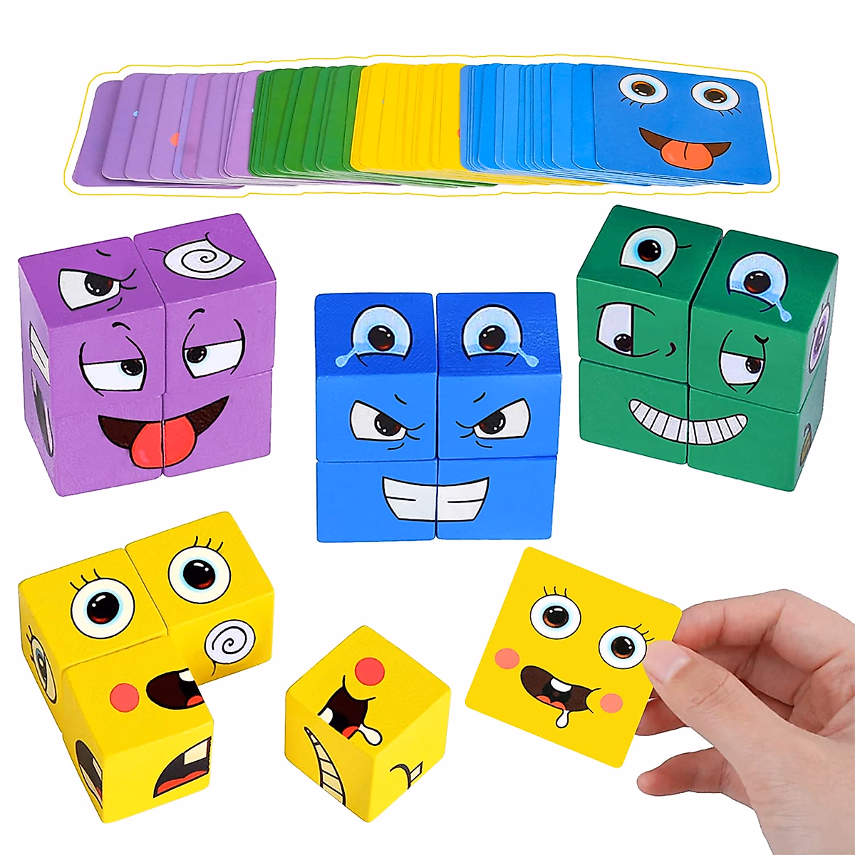 Wooden Expressions Matching Block Puzzles Building Game,Face-Changing Magic Cube,Logical Educational Training Toys,Educational Montessori Toys for Ages 3 Years and Up Kids