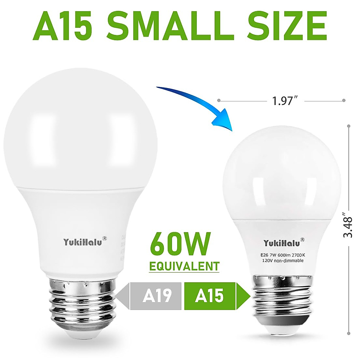 YukiHalu A15 LED Light Bulbs, 60W Equivalent, E26 Base, 2700K/3000K/5000K White, 7W 600 Lumens 120V, UL Listed, Ceiling Fan Light Bulbs, Appliance Bulb, Not Dimmable, Pack of 6 (5000K Daylight White)