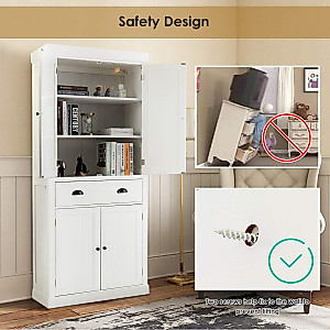 MAT EXPERT Kitchen Pantry Cupboard Cabinet, Storage Cabinet w/Drawers & Adjustable Shelves, 4-Door Wooden Storage Organizer for Kitchen (White)