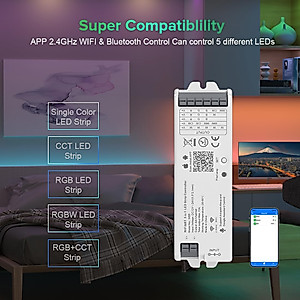 BTF-LIGHTING 5in1 WB5 2.4GHz WiFi LED Controller Compatible with Alexa Google Home Smart Life Tuya Smart APP Control for Monochrome CCT RGB RGBW RGBCCT LED Strip Match with B1 B2 B3 B4 etc Remote