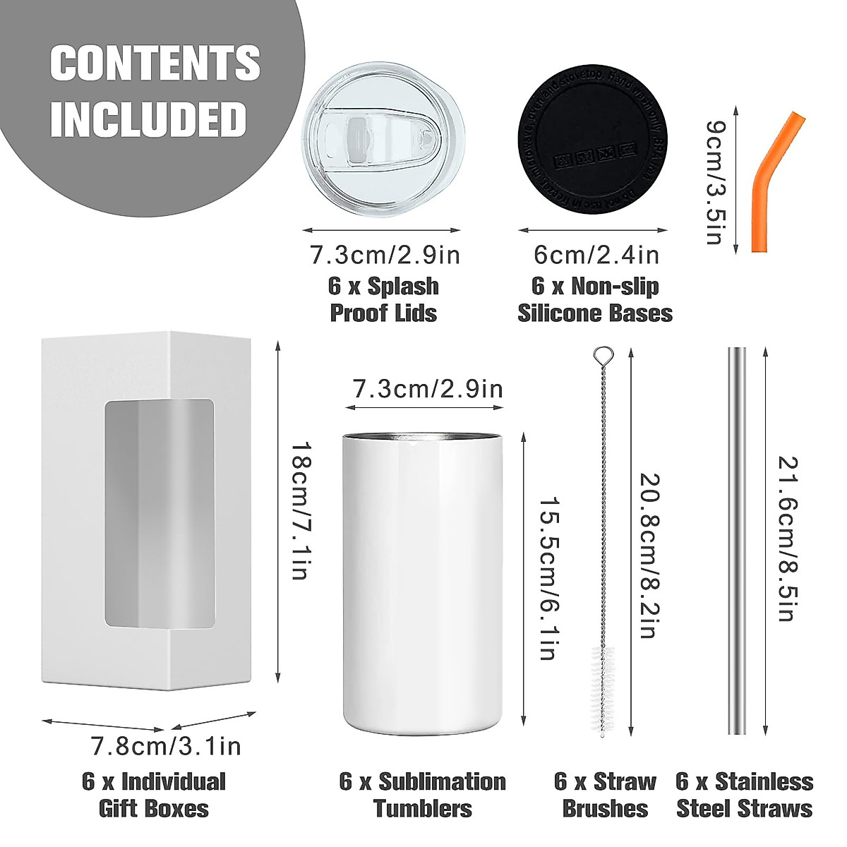 BetterSub 6 Pcs 15 oz Sublimation Tumblers Double Wall Insulated Stainless Steel Sublimation Blanks Tumblers White Sublimation Cups with Lid, Metal Straw, Brush, Display Box for Home, Travel