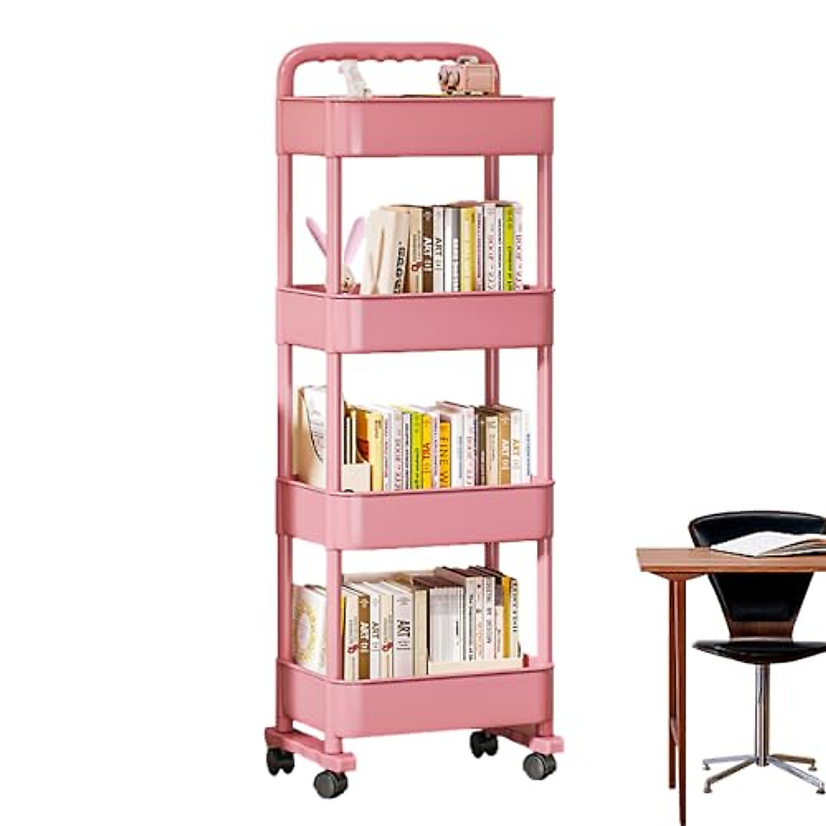 Movable Bookshelf Cart, Movable Storage Book Shelves, Movable Book Rack, Compact Bookshelf on Wheels, Reusable Rolling Storage Cart Movable Bookshelf for Kitchen, Bedroom, Living Room & Laundry Room