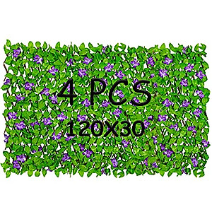 Betterhood Expandable Fence Privacy Screen, 4 Pack Decorative Faux Ivy Greenery Fencing Panel for Balcony Patio Outdoor, Artificial Hedges Screen, Purple Flower (Single Sided Leaves)