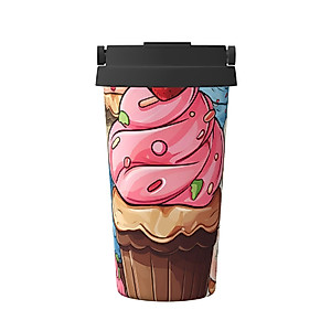 GTKSYNVE Reusable Coffee Mug with Lid and Handle, Cupcakes And Ice Cream Tumbler for Hot & Cold Drinks 16oz Stainless Steel Insulated Coffee Tumblers Double Wall Vacuum Thermal Cup