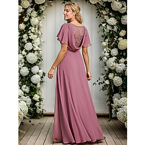 Ever-Pretty Women's Elegant Chiffon Appliques A Line V Neck High Slit Bridesmaid Dress Orchid US12