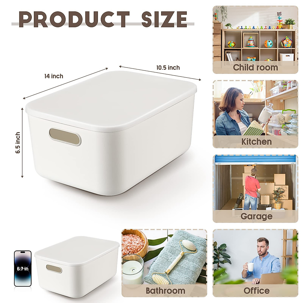 Tuanse 8 Pieces Plastic Storage Bins with Lids,White Storage baskets with Handle Stackable Containers Box For Shelves Drawers Desktop Playroom Classroom Office Organization(14 x 10.5 x 6.5 Inches)