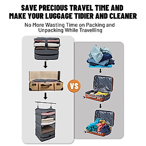 Caroeas Portable Hanging Travel Shelves Bag Suitcase Organizer Carry-on Closet Packing Cubes for Travel, 4-Shelf Suitcase Closet with 2 Hooks, Large Capacity, Gray