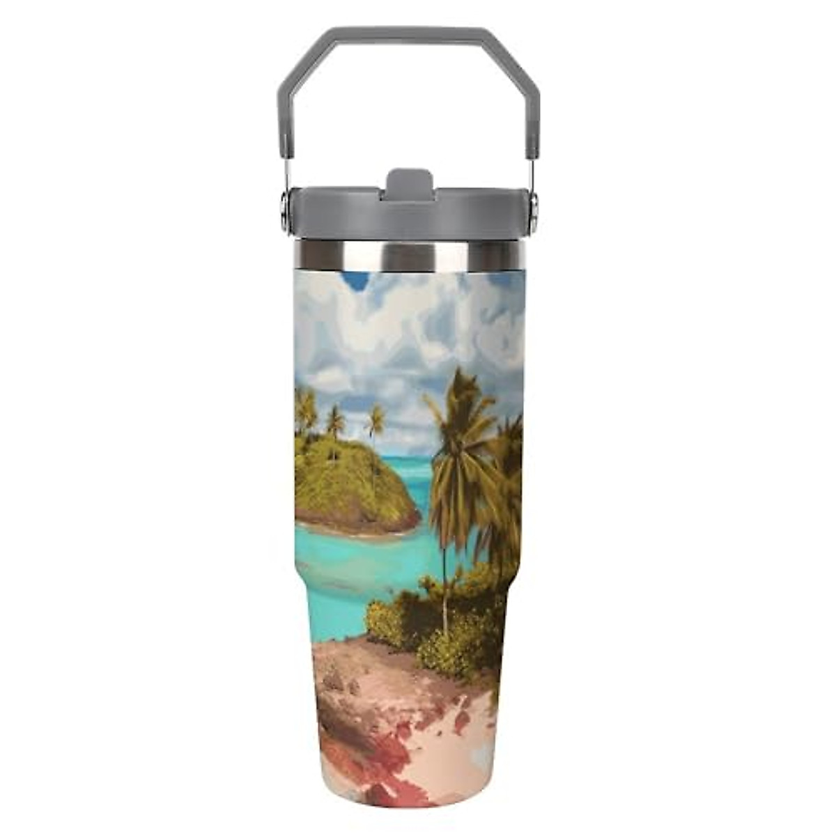RTFGHJS Caribbean Scenery 30 Oz Tumbler with Handle And Flip Straw, Stainless Steel Vacuum Insulated Travel Mug, Thermal Cup for Coffee, Water, Iced Drinks, Fits Car Cup Holders (Home, Sports)