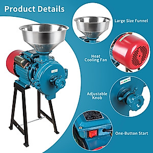 Snowtaros Electric Grain Mill Grinder 3000W 110V, Commercial Corn Grinder with Funnel, Dry Feed Grain Mill Machine, Thickness Adjustable, Powder Grinder for Grain Corn Rice Herbs Pepper (Dry Grinder)