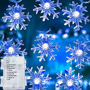 Dazzle Bright Christmas Snowflake String Lights, 2 Pack Total 100LED 50FT Battery Operated Christmas Lights with 8 Lighting Modes for Indoor Outdoor Xmas Tree Party Decorations, Blue